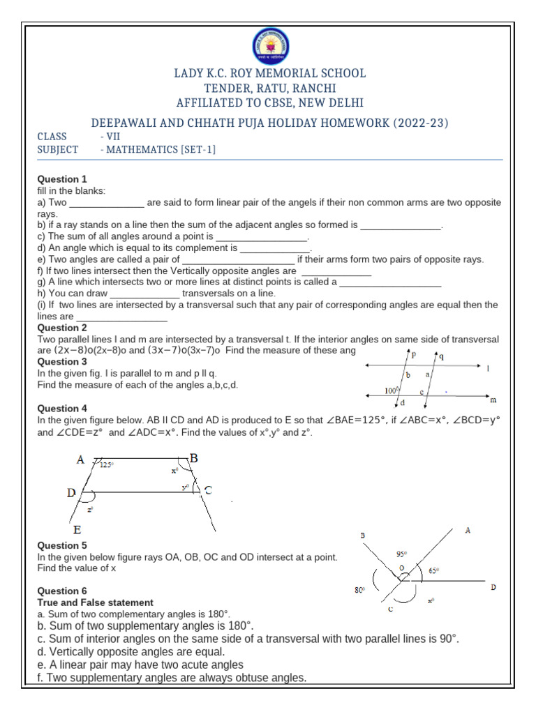Class-Vii (Maths, Set-1) (Deepawali and Chhath Puja Holiday Homework) | PDF