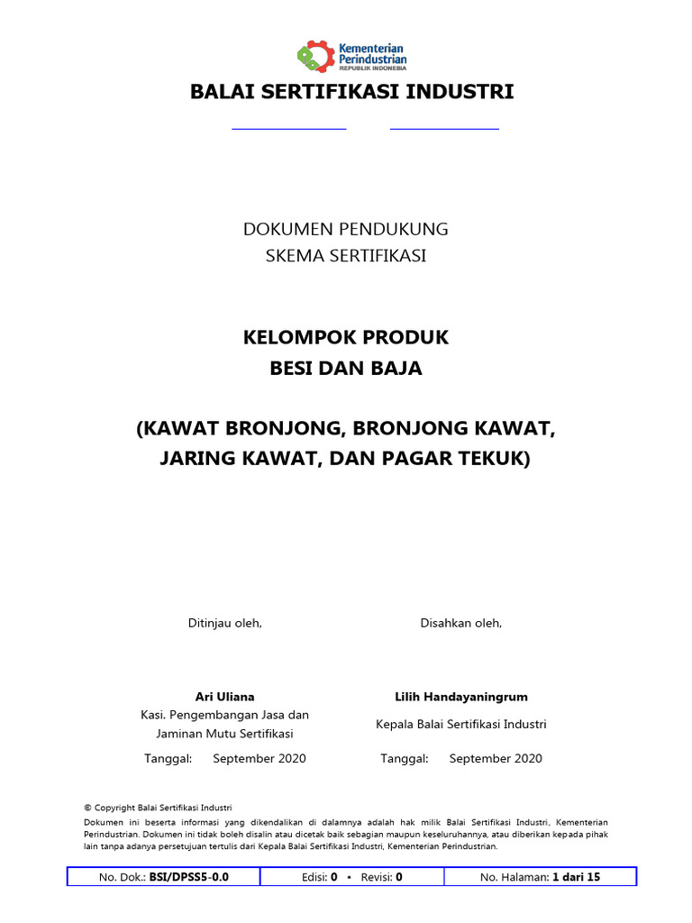 Skema Sertifikasi Kelompok Produk Besi Dan Baja (Kawat Bronjong, Bronjong Kawat, Jaring Kawat ...