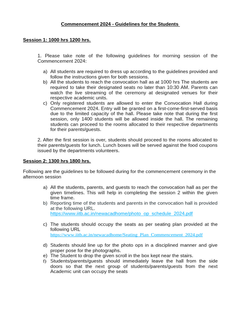 Instructions To Students For Commencement 2024 | PDF