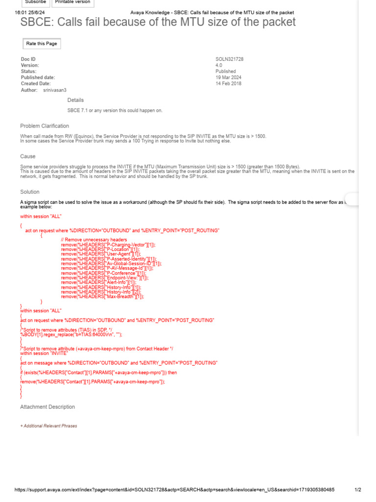 Avaya Knowledge - SBCE - Calls Fail Because of The MTU Size of The Packet | PDF