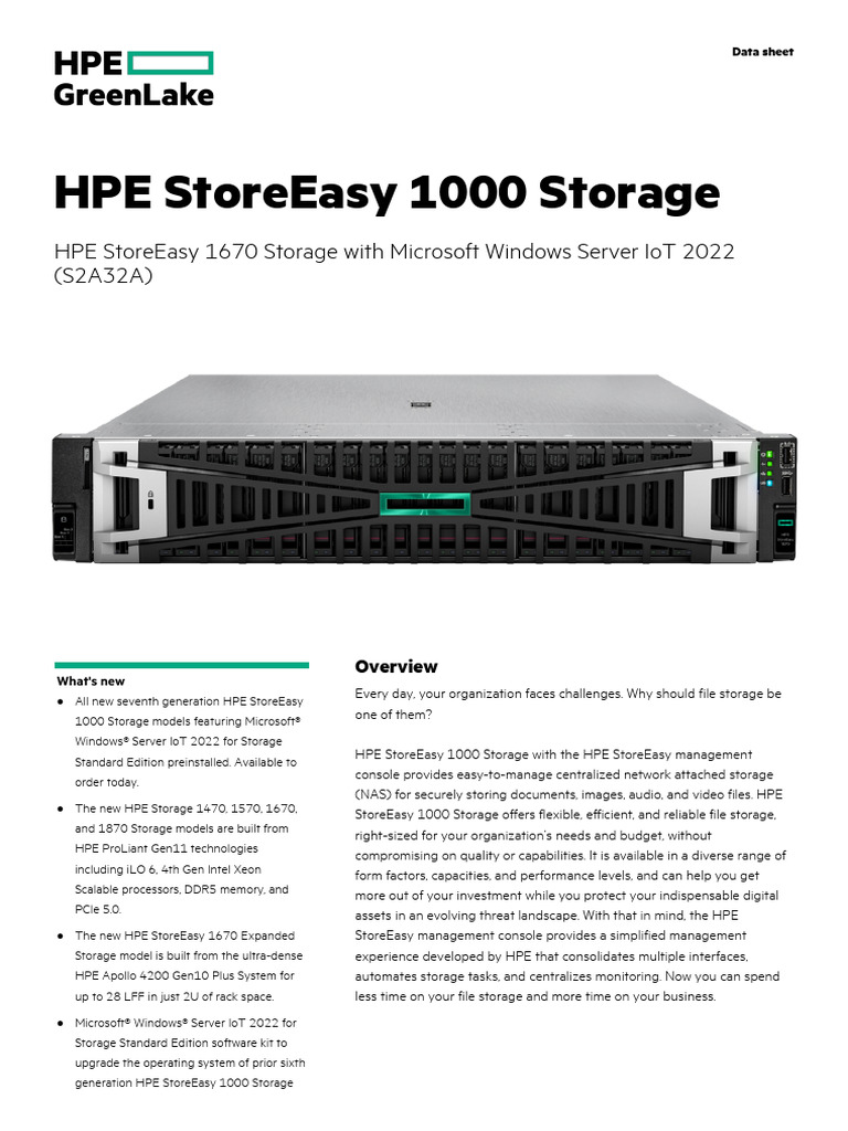 HPE StoreEasy 1670 Storage With Microsoft Windows Server IoT 2022-PSN1014773070UKEN | PDF