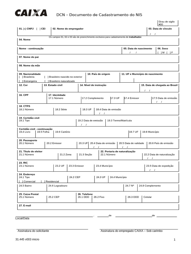 Formulário de Cadastro PIS | PDF
