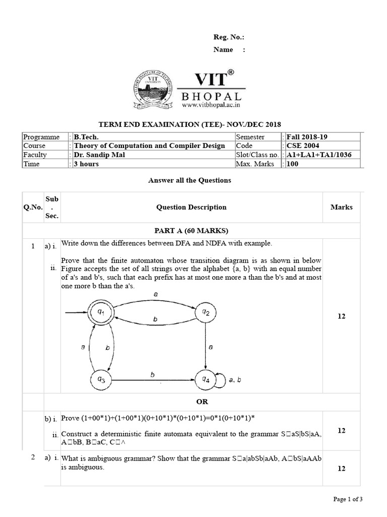 CSE2004 - 1036 - Theory of Computation - 100036 - DR Sandip - Post Moderated CAT1 | PDF