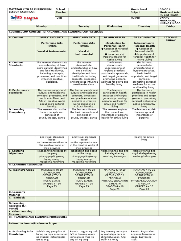 Grade 4-Q1W1 (Matatag Le) - Mapeh | PDF