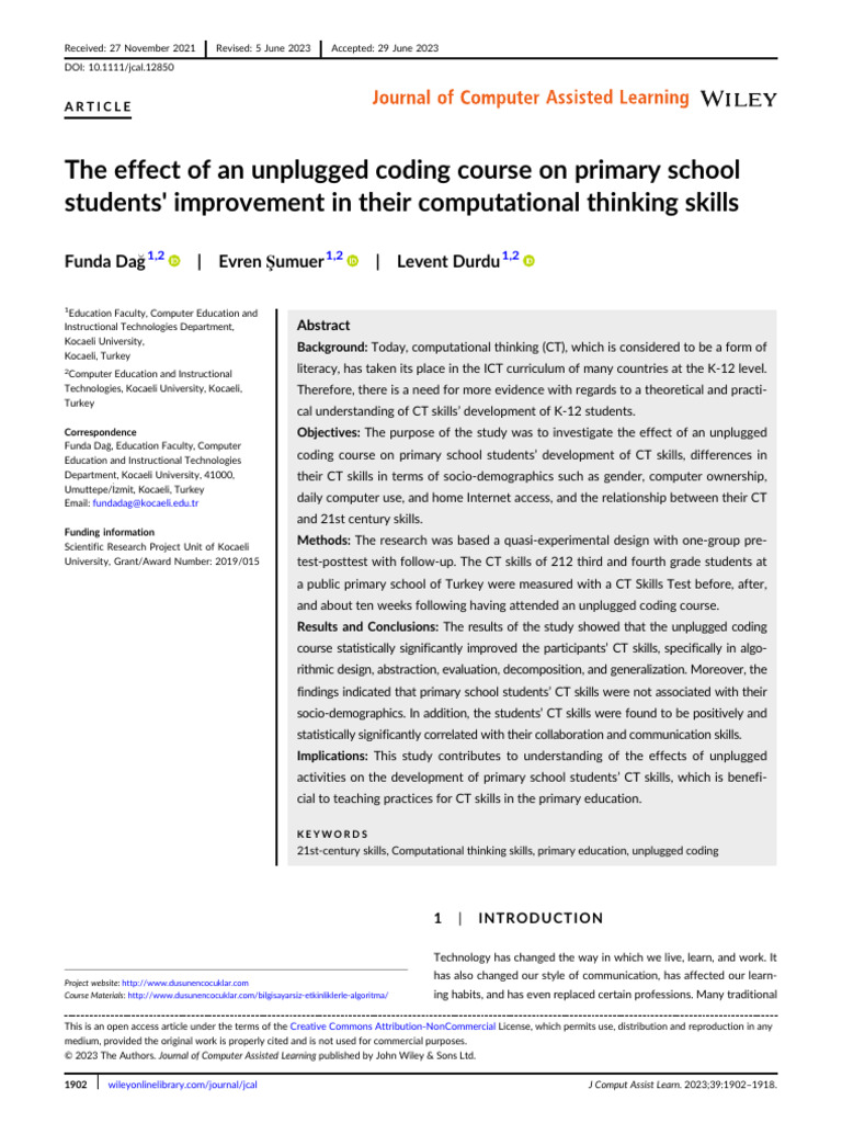 The Effect of An Unplugged Coding Course On Primary | PDF | Educational Technology | Learning