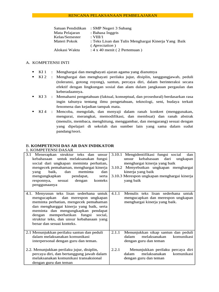 RPP KELAS 8 Chapter 1 C | PDF