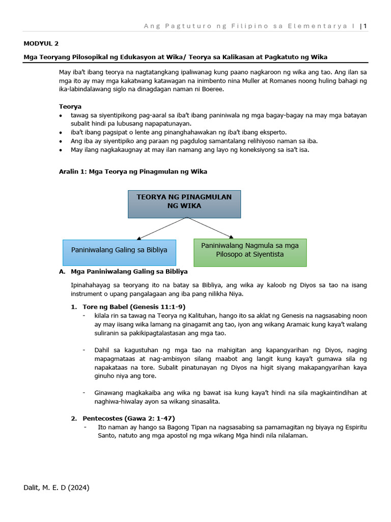 ESC 7 - Week 2-Mga Teoryang Pilosopikal NG Edukasyon at Wika-1 | PDF