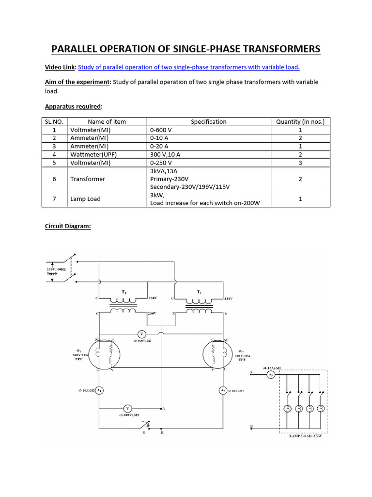 Expt. 1 _ Parallel Operation of Single Phase Transformer | PDF
