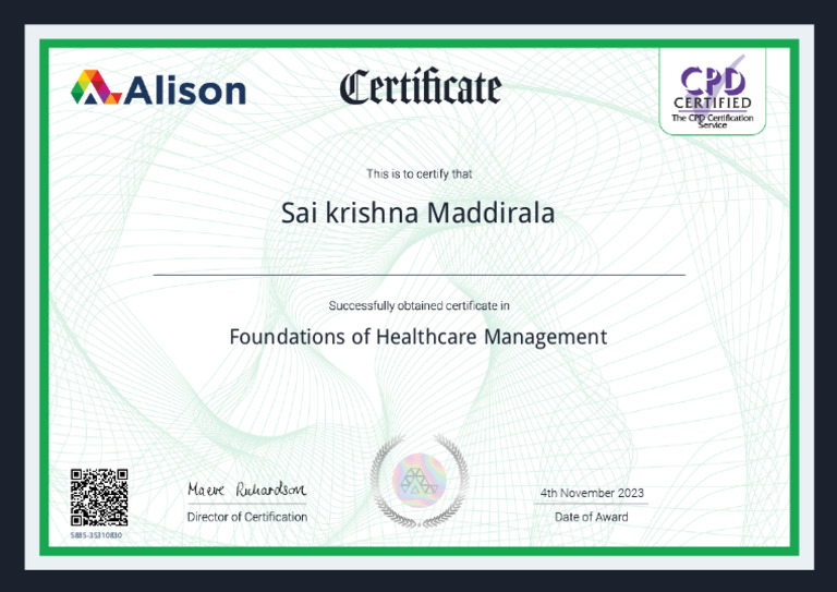Alison - Certificate - Health Management | PDF