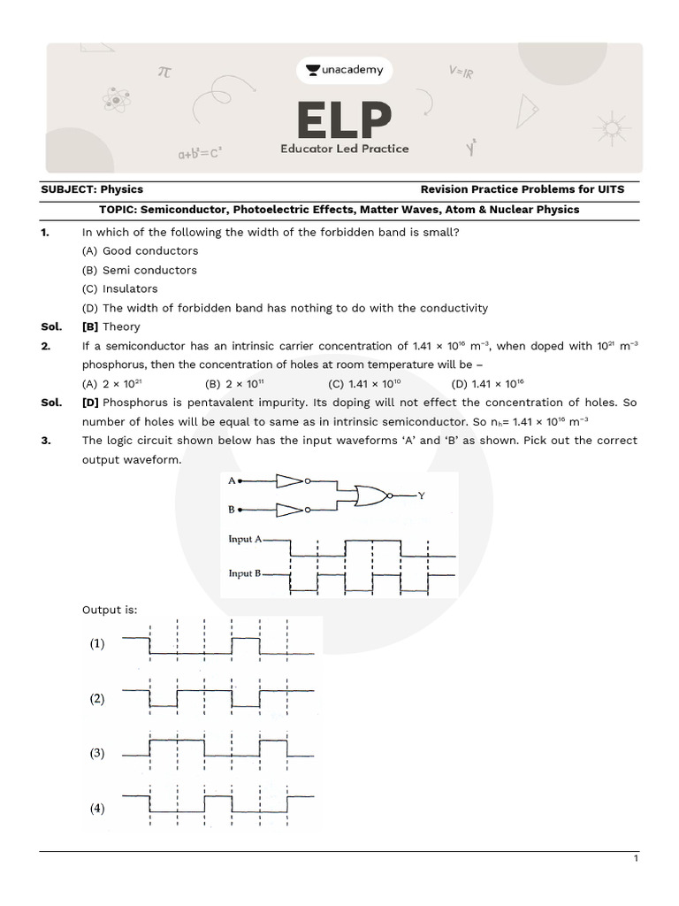 Revision Practice Problems For UITS (Semiconductor, Photoelectric Effects, Matter Waves, Atom ...