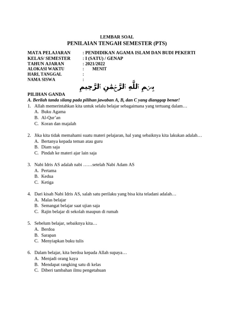 12 Maret 2024 - Soal Latihan PTS Pai Kelas 1 SMT 2 | PDF