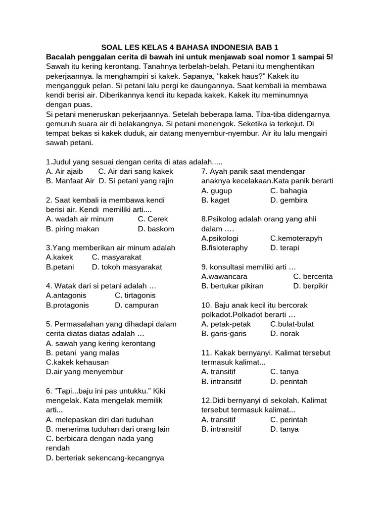 SOAL LES KELAS 4 BAHASA INDONESIA BAB 1 (23 AGUS 24) Formatif | PDF