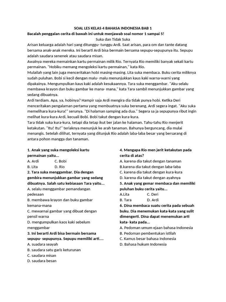 Soal Les Kelas 4 Bahasa Indonesia Bab 1 (23 Agus 24) | PDF