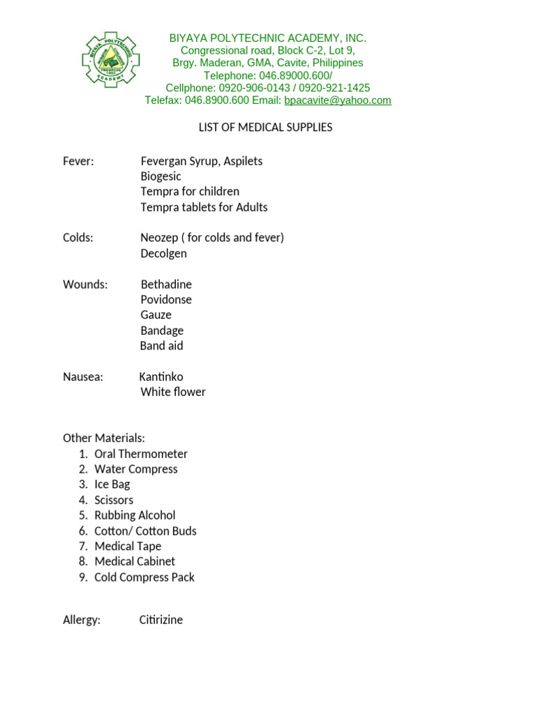 List of Medical Supplies | PDF