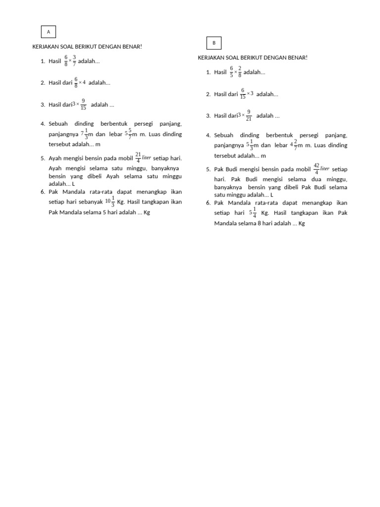 Soal Ulangan Perkalian Pecahan | PDF