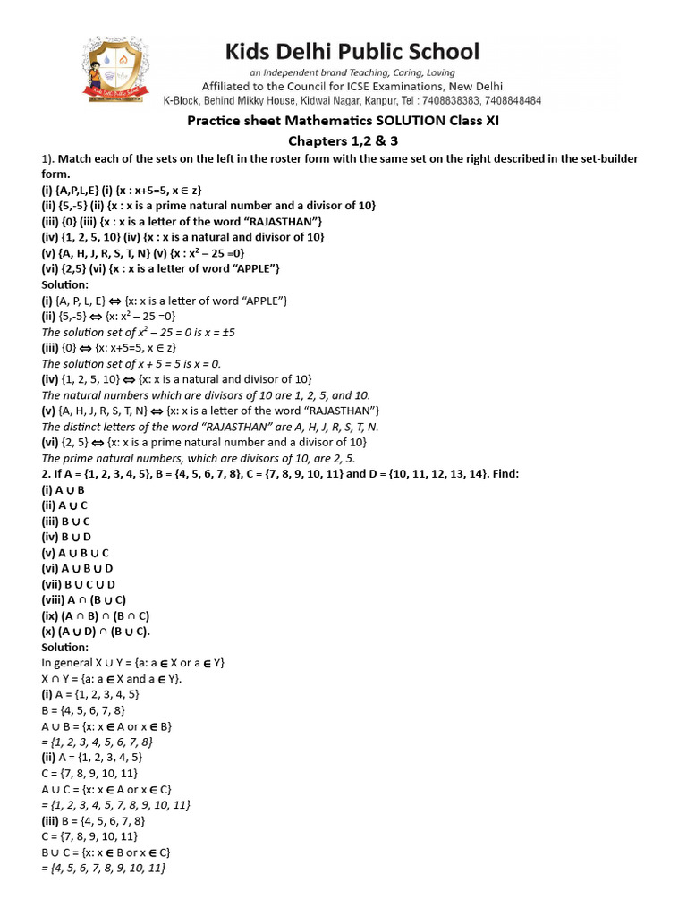 Practice sheet Mathematics Class XI chapter 1,2 and 3 | PDF