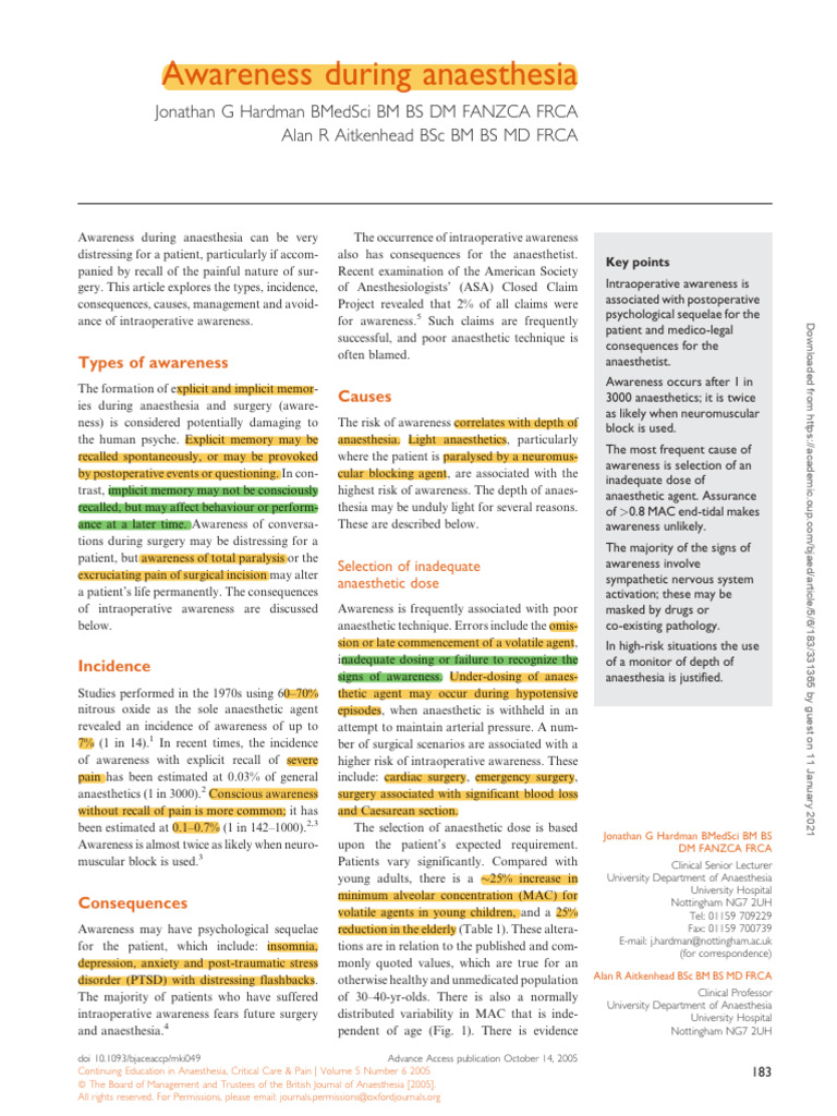 Awareness During Anaesthesia | PDF