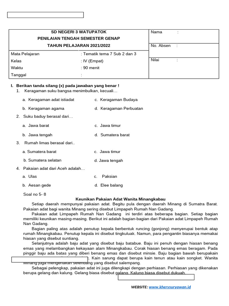 Soal PTS Kelas 4 Tema 7 Sub 2 Dan 3 | PDF