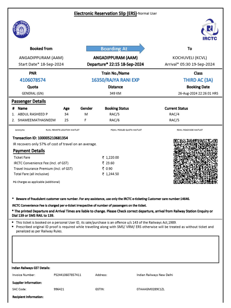 16350/rajya Rani Exp Third Ac (3A) | PDF