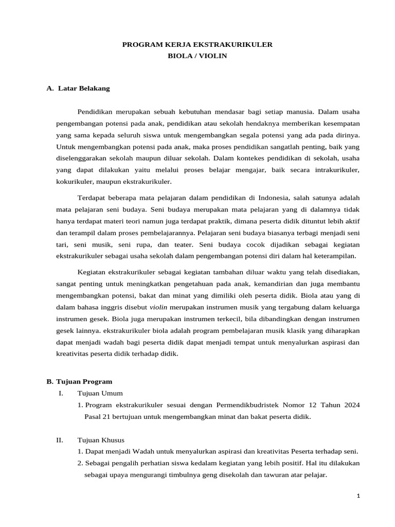 Program Kerja Ekstrakurikuler - Biola | PDF