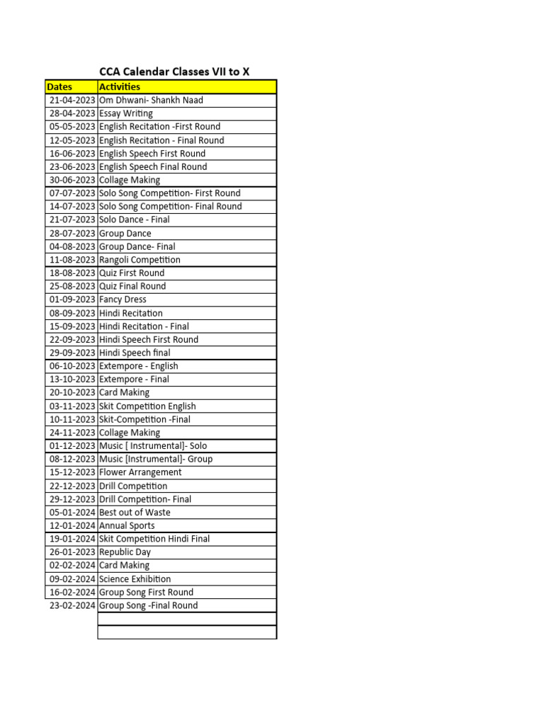 NoticeBoard - CCA Calendar VII To X - 2023-2024 | PDF