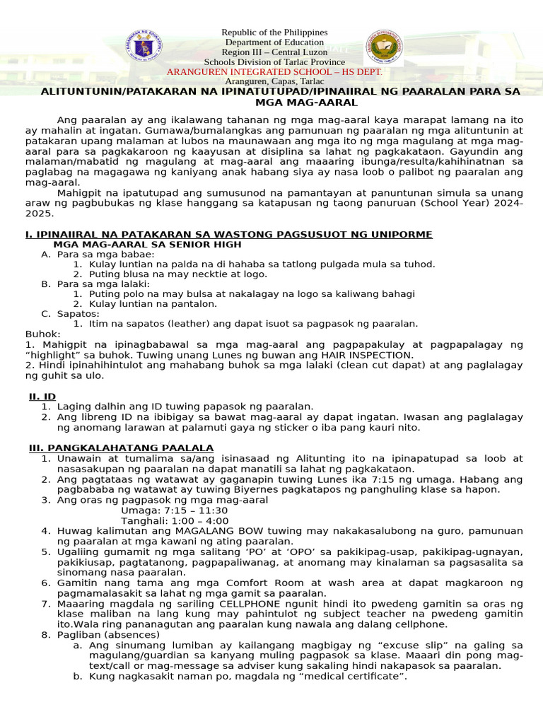 Shs Updated 08-08-24 Revised Alituntunin | PDF