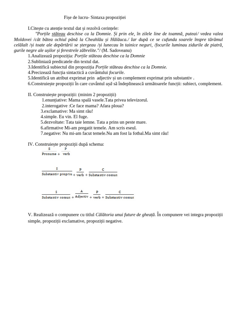 Fise de Lucru Sintaxa Propozitiei cls5 | PDF