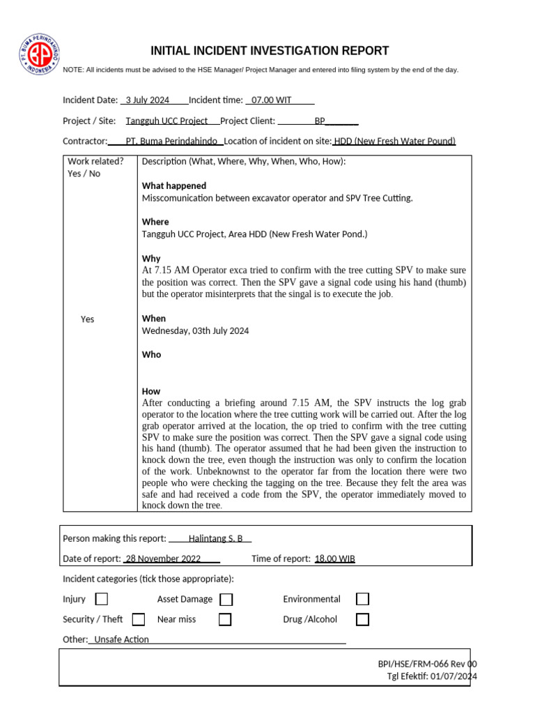 BPI-HSE-FRM-UCC-001 Initial Investigation Report Form | PDF