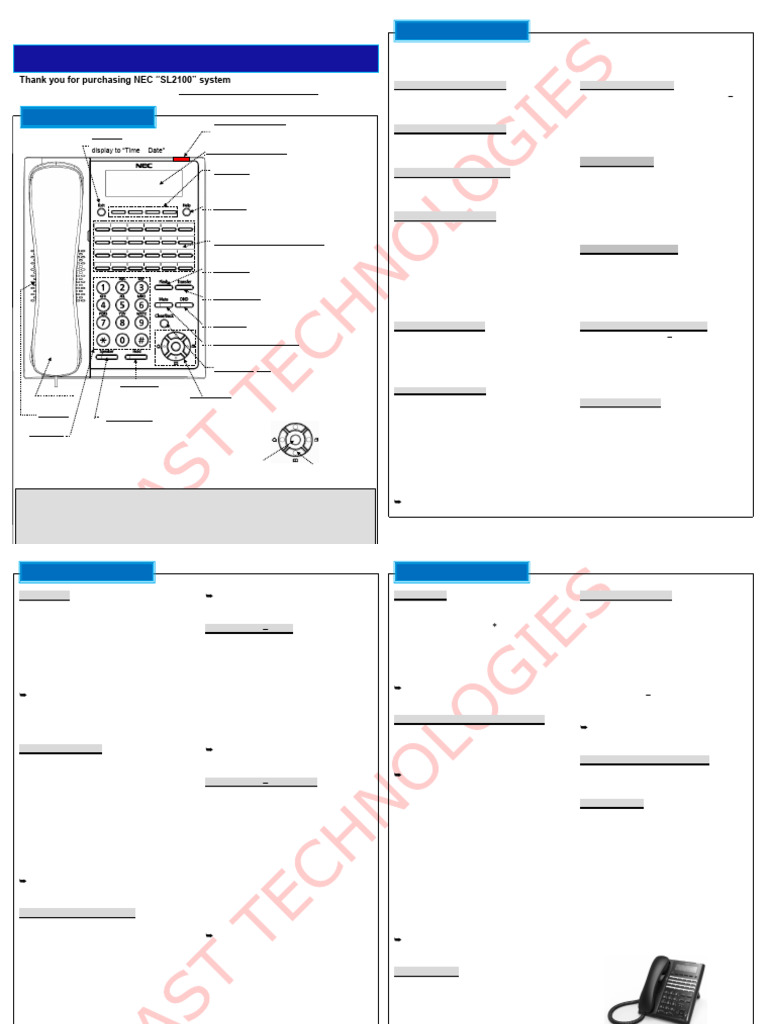 AST SL2100 Multiline Terminal Quick Reference Guide | PDF