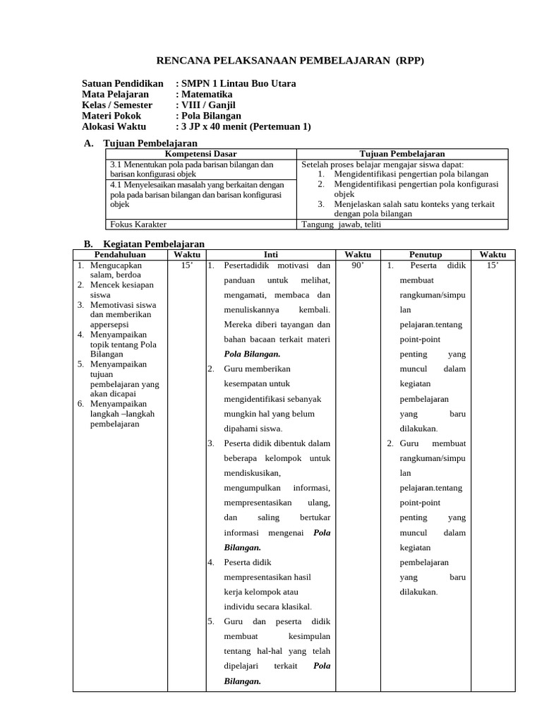 Pola Bilangan RPP 1 Lembar MTK Kelas VIII | PDF
