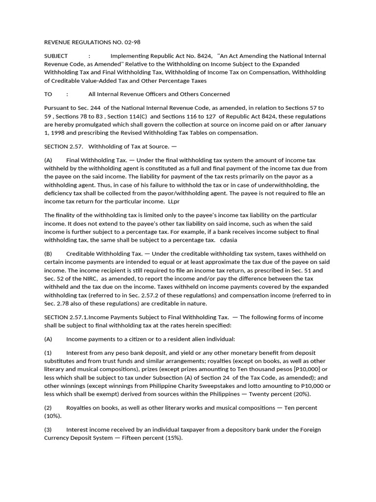 RR 2 - 98 Withholding | PDF | Capital Gains Tax | Taxes