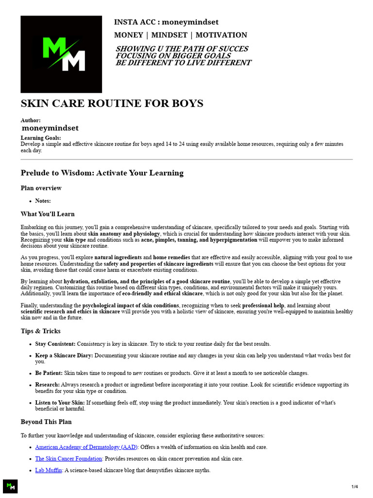 SKIN CARE ROUTINE FOR BOYS Moneymindset | PDF
