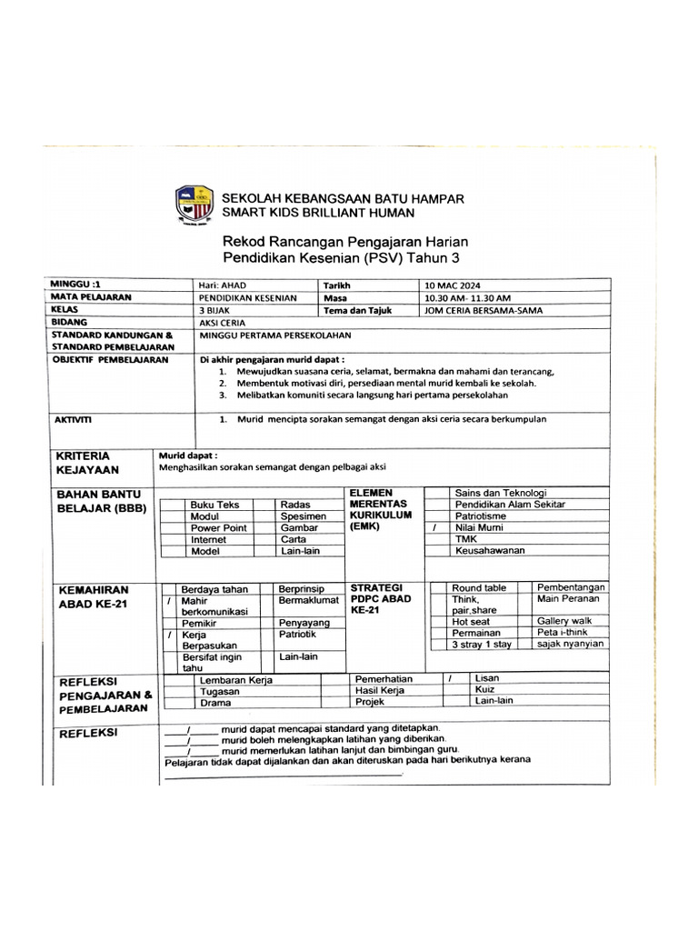 Contoh RPH PSV Minggu Pertama Persekolahan | PDF