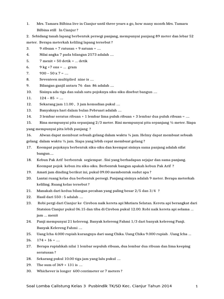 Soal Calistung Kelas 3 Tahap 1 | PDF