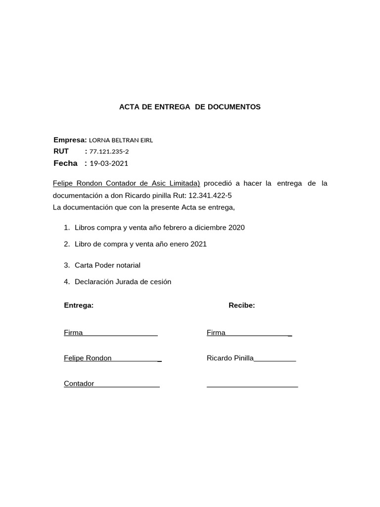 Acta Entrega de Documentos | PDF