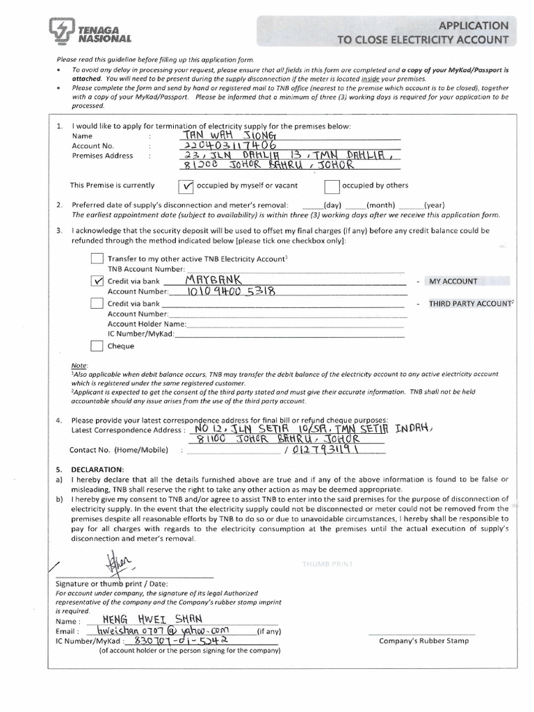 Application To Close Electricity Account | PDF