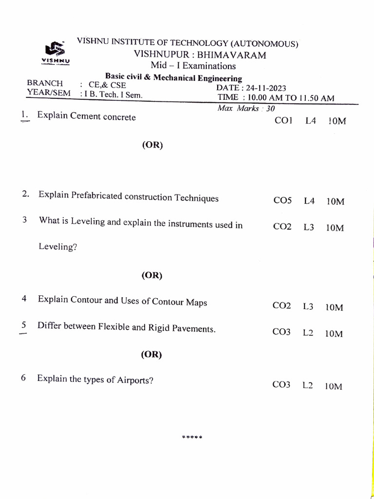 BCME Mid 1 Question Paper | PDF