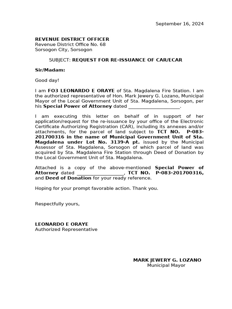Request CAR Re Issuance BIR | PDF