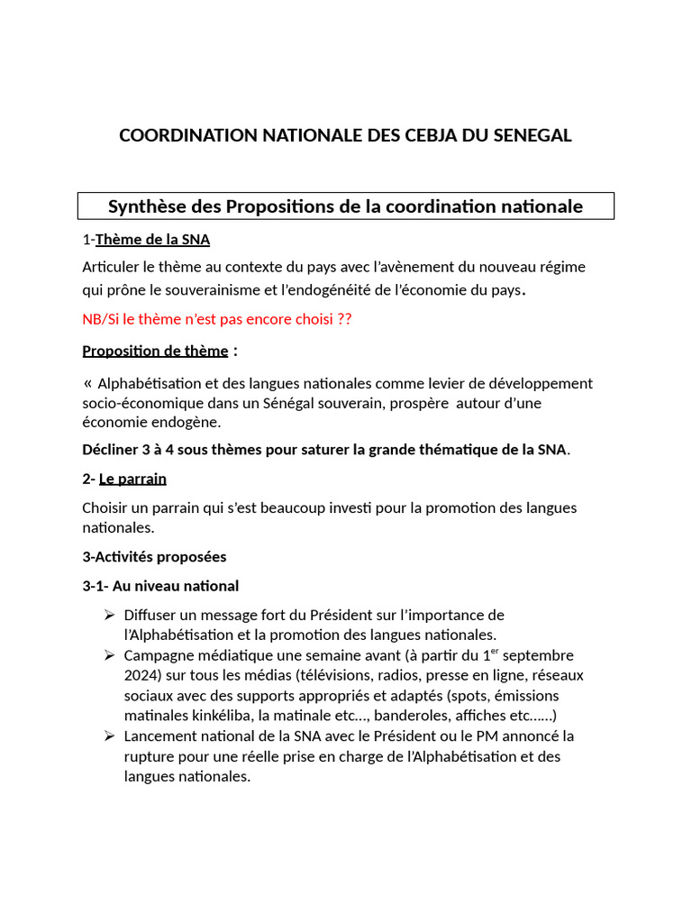 Propositions de La Coordination Nationale Des Cebja Du Senegal Sna 2024 | PDF