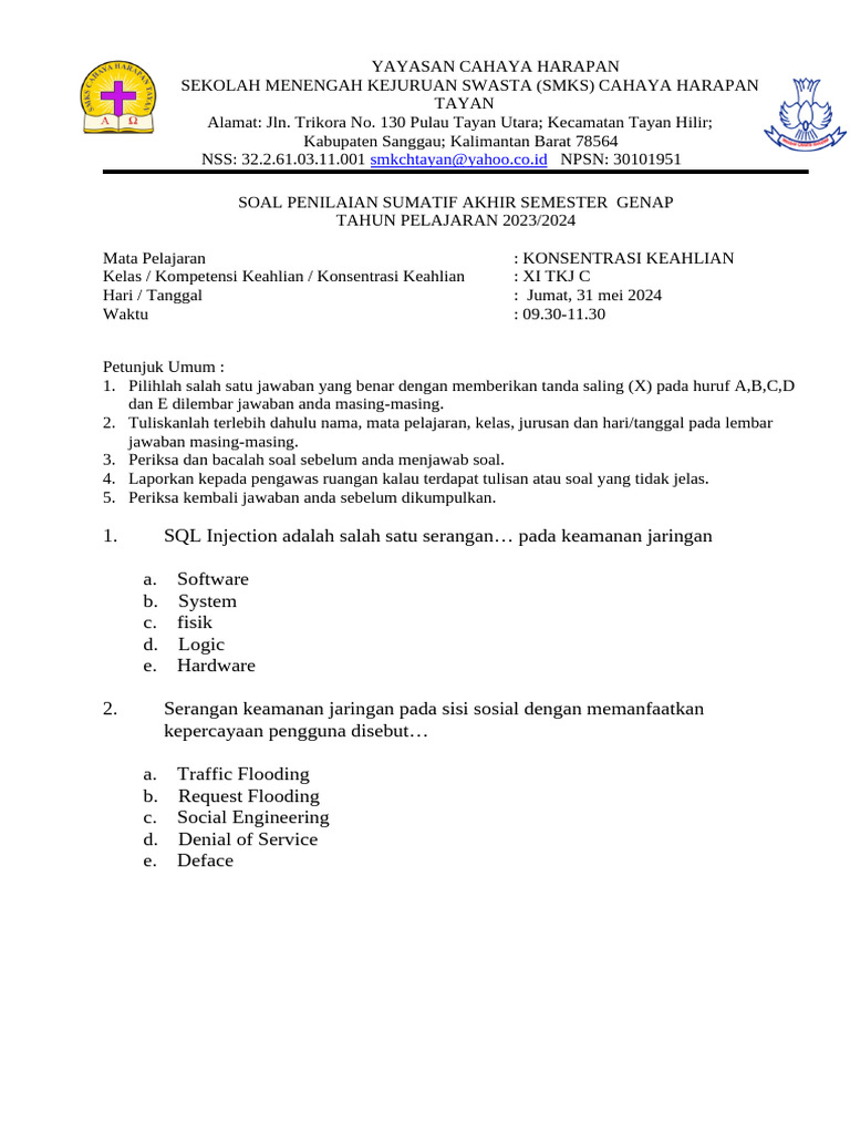 Soal Konsentrasi Keahlian Xi TKJ | PDF