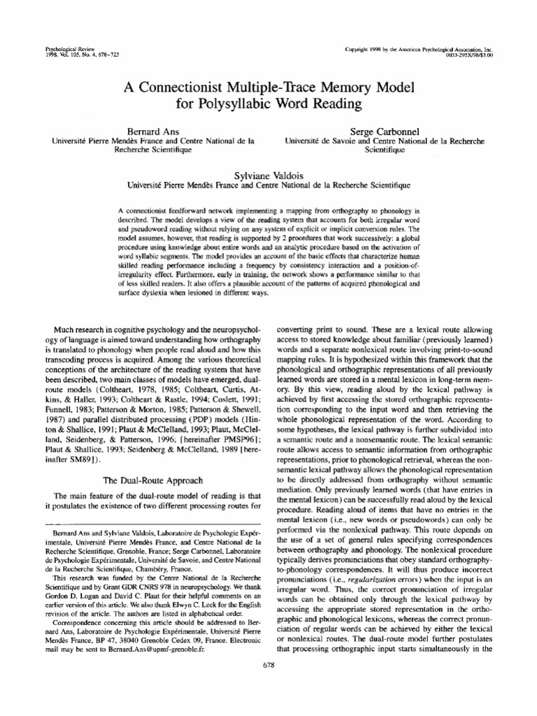 A Connectionist Multiple-Trace Memory Model For Polysyllabic Word Reading | PDF