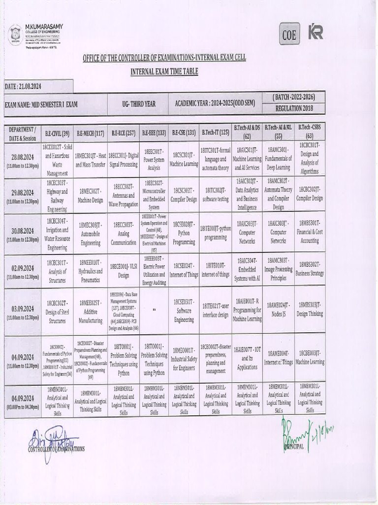 Circular - III Year Mid Sem - I Exam TimeTable | PDF