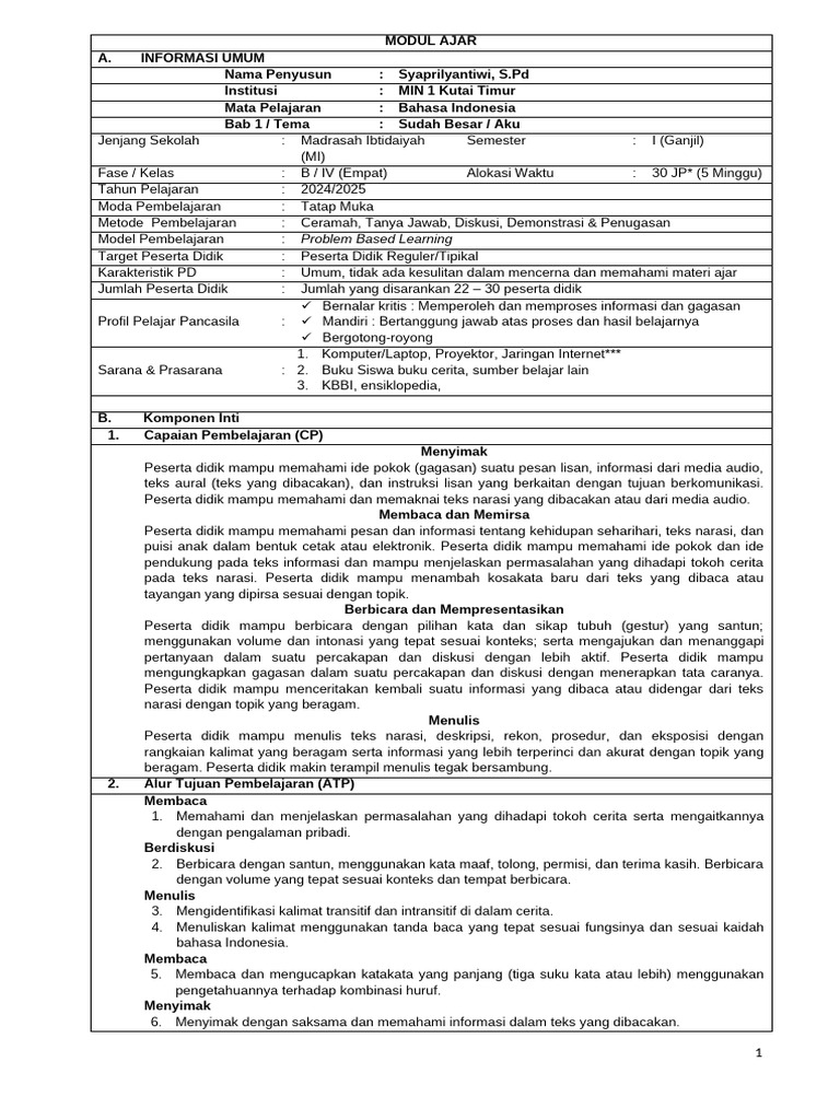 Modul Bindo Kls IV Sms 1 | PDF