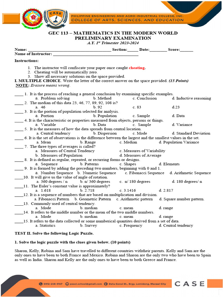 Last Year Exam For Prelim Exam Gec 113 | PDF