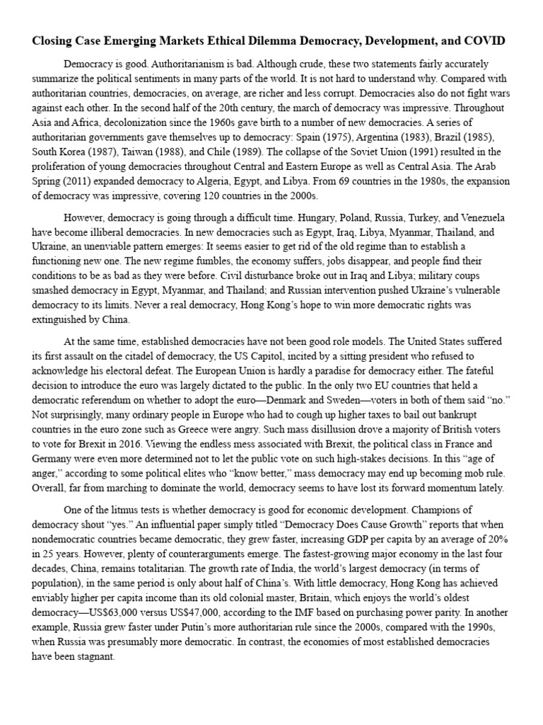 Chapter 2 - Closing Case Emerging Markets Ethical Dilemma Democracy | PDF | Democracy | Politics