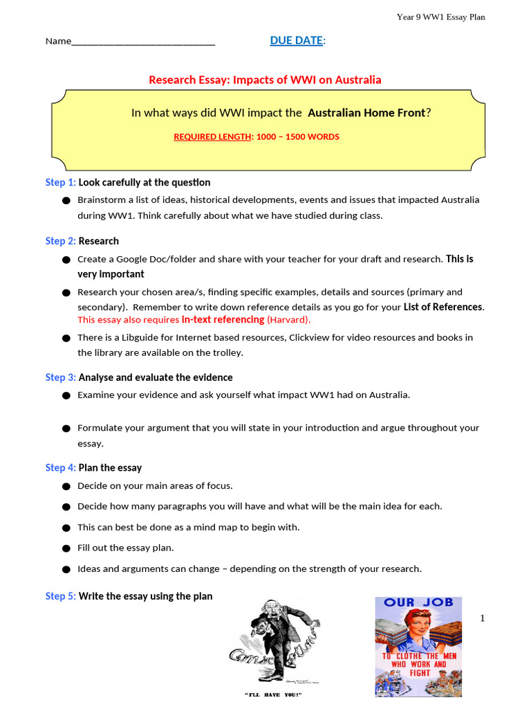 WWI Essay - Impacts of WWI On The Australian Home Front - Year 9 2024 | PDF