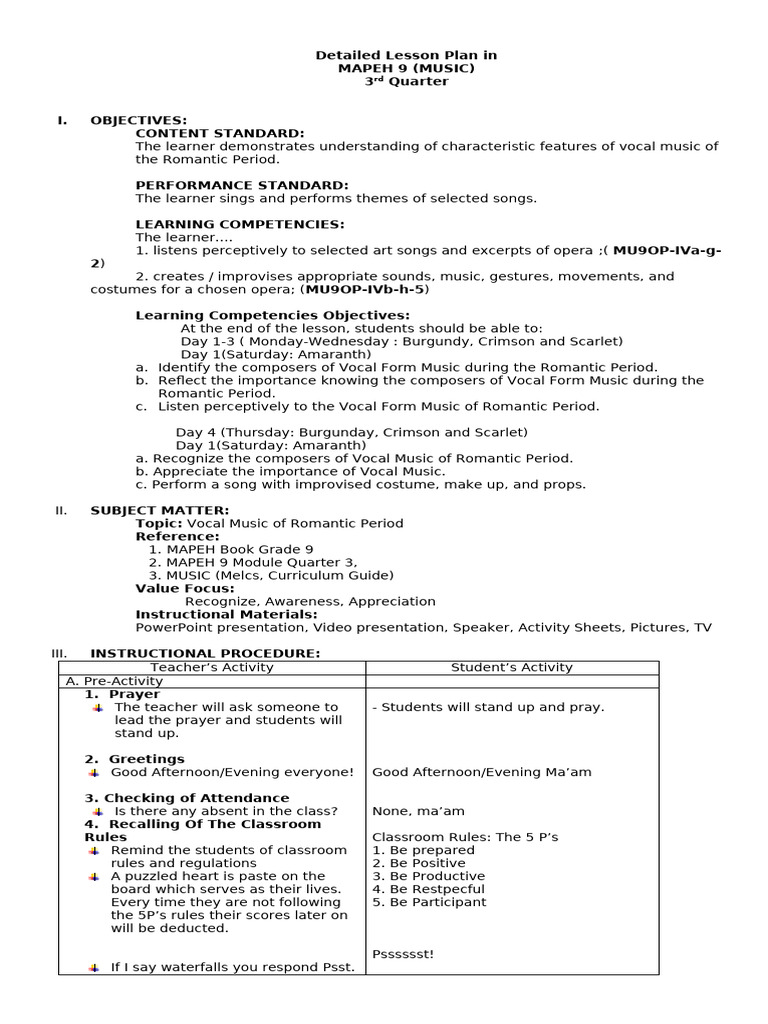 Lesson Plan in Mapeh 9 Music 4th Quarter | PDF