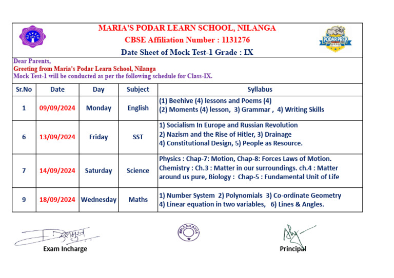 IX - Mock Test Time Table 2024-25 | PDF