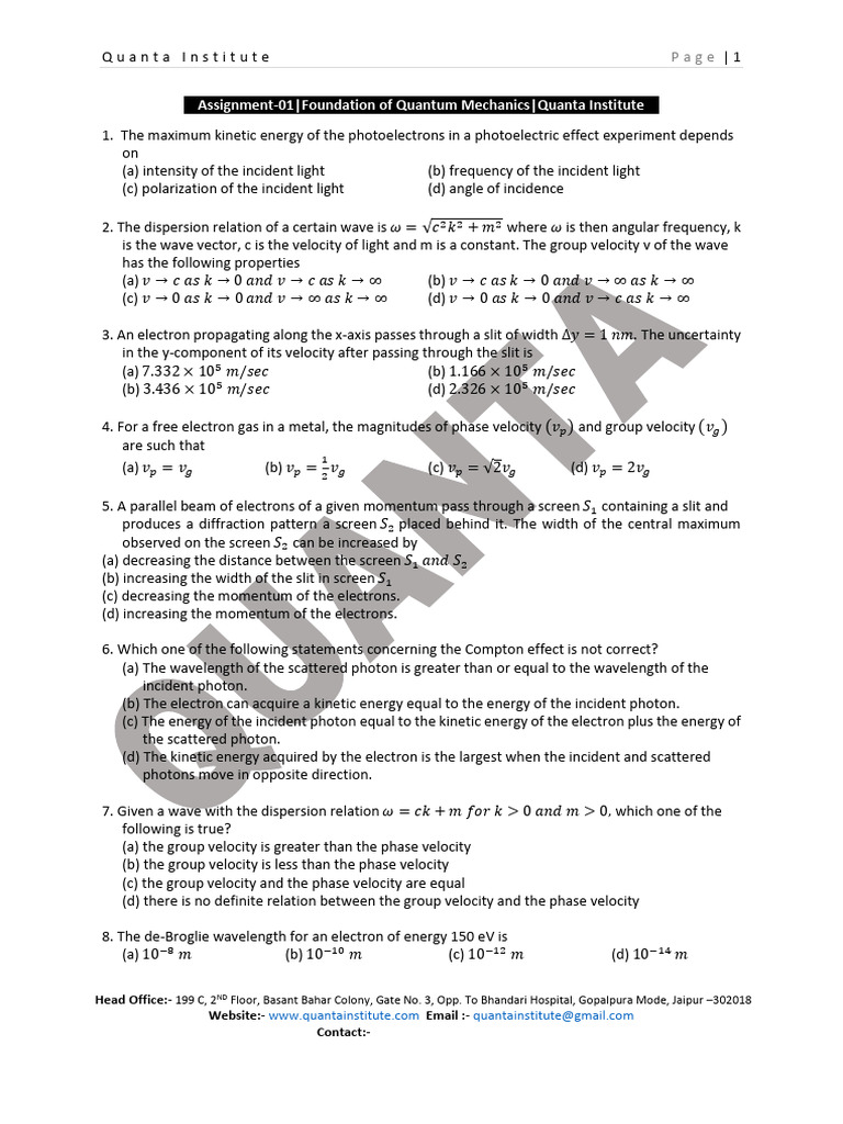 Assignment-01 Foundation of Quantum Mechanics | PDF Assignment-01 Foundation of Quantum Mechanics | PDF