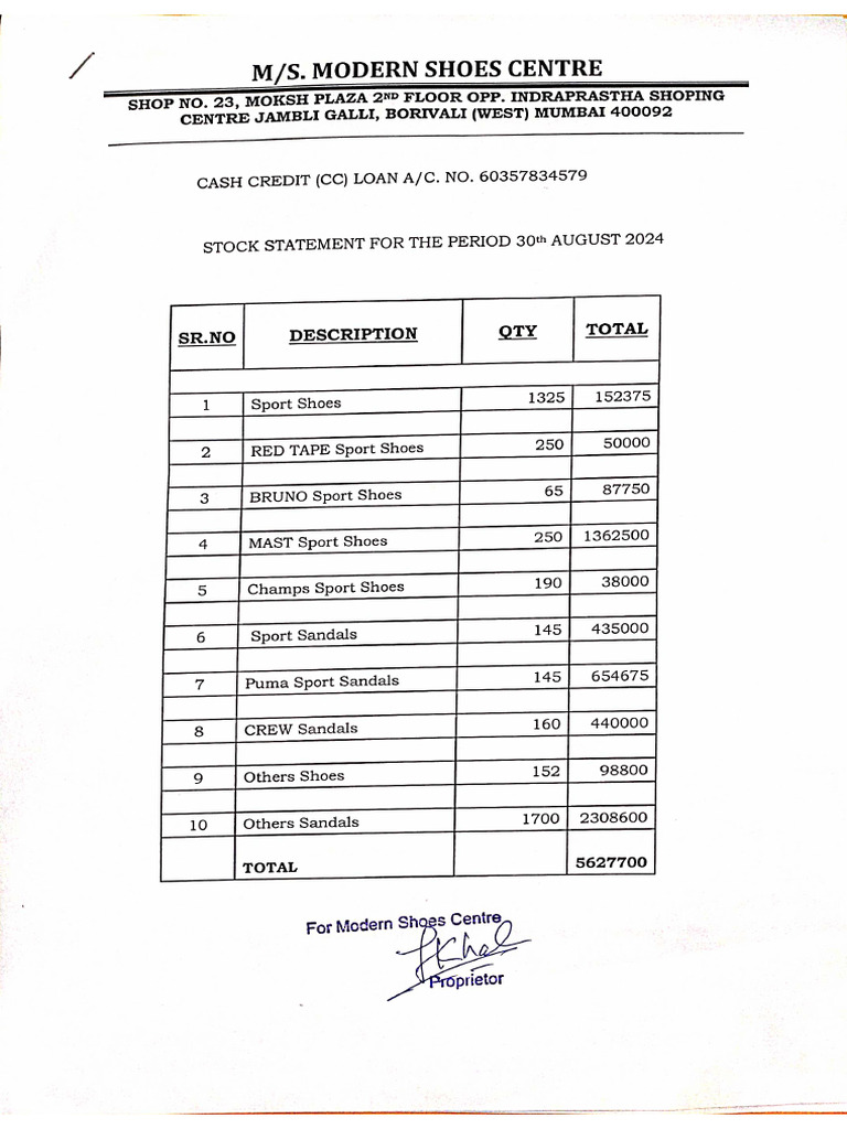 Modern Shoes Centre - Stock Statement | PDF